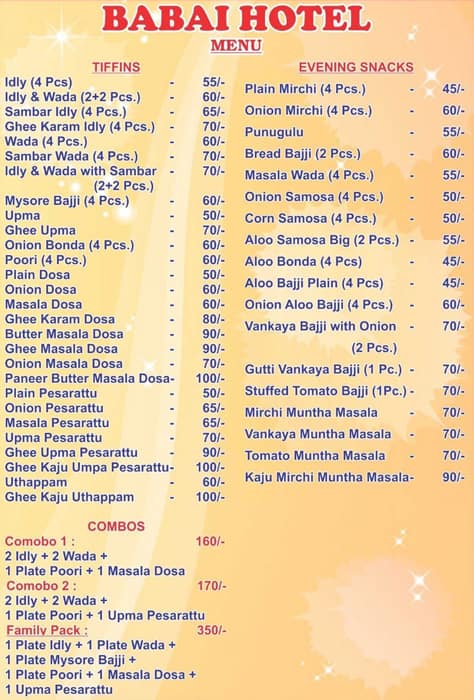 Menu of Babai Hotel, Malkajgiri, Secunderabad