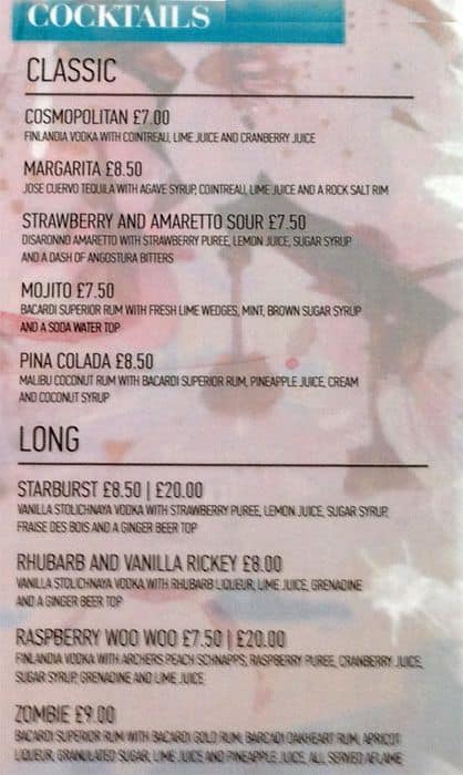 Menu at Dukes 92 pub & bar, Manchester