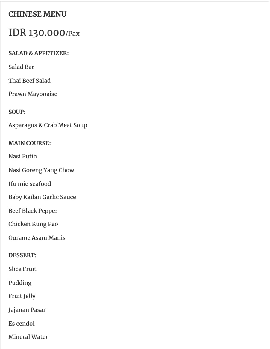 Menu at Gumati restaurant, Bogor