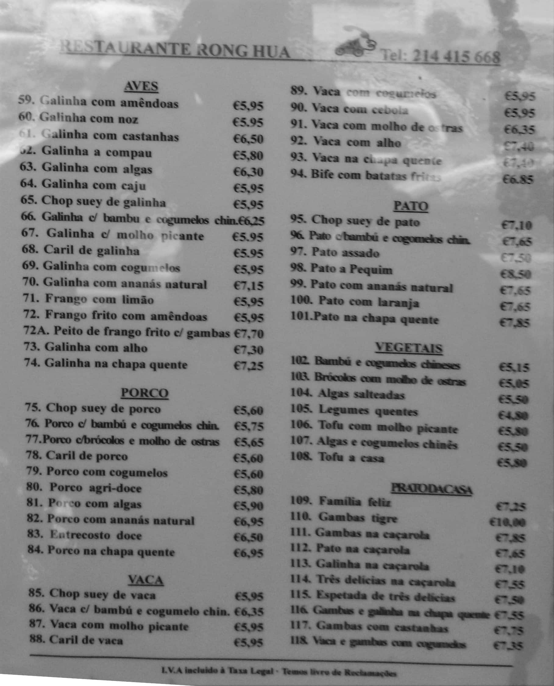 Menu em Restaurante Chinês Rong Hua, Oeiras