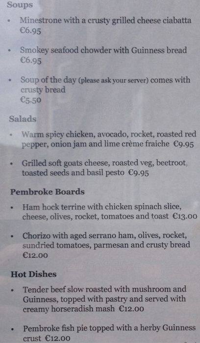 Menu at The Pembroke pub & bar, Dublin, 23 Pembroke Street Upper