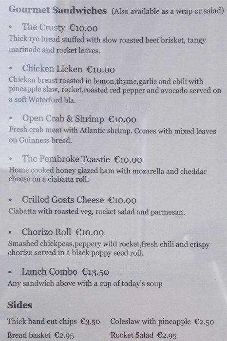 Menu at The Pembroke pub & bar, Dublin, 23 Pembroke Street Upper