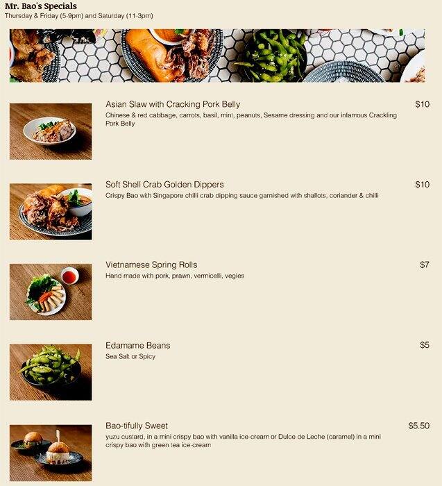Menu at Mr Bao restaurant, Sydney