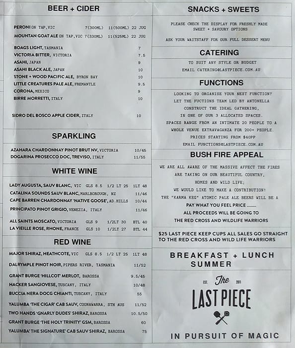 Menu at The Last Piece cafe, Mulgrave