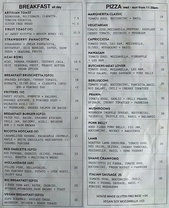 Menu at The Last Piece cafe, Mulgrave