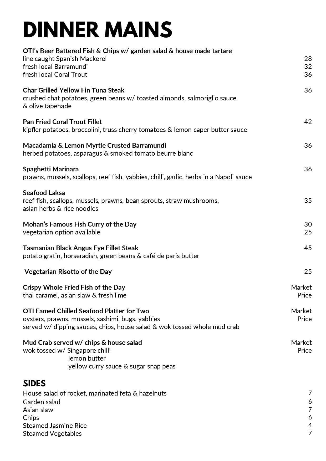 Menu at On the Inlet restaurant, Port Douglas, 7/18-20 Wharf St