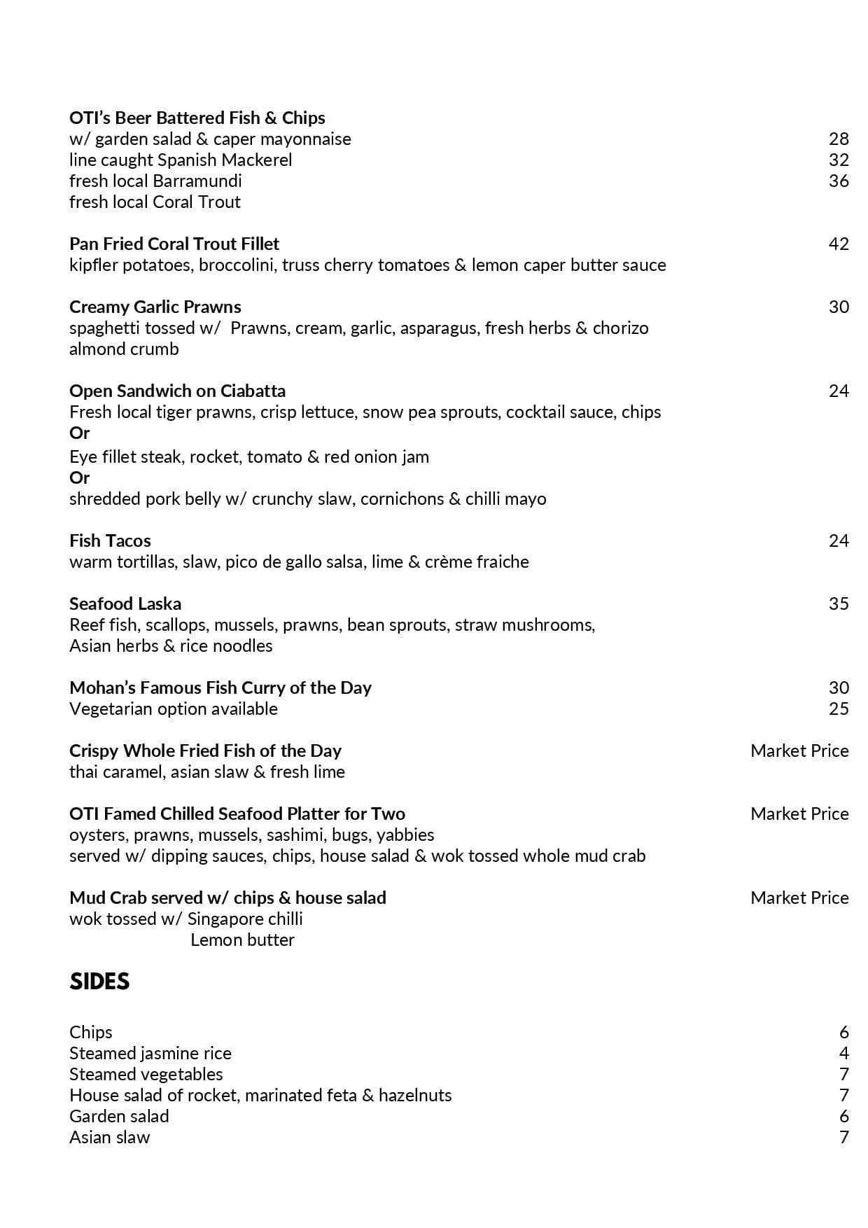 Menu at On the Inlet restaurant, Port Douglas, 7/18-20 Wharf St