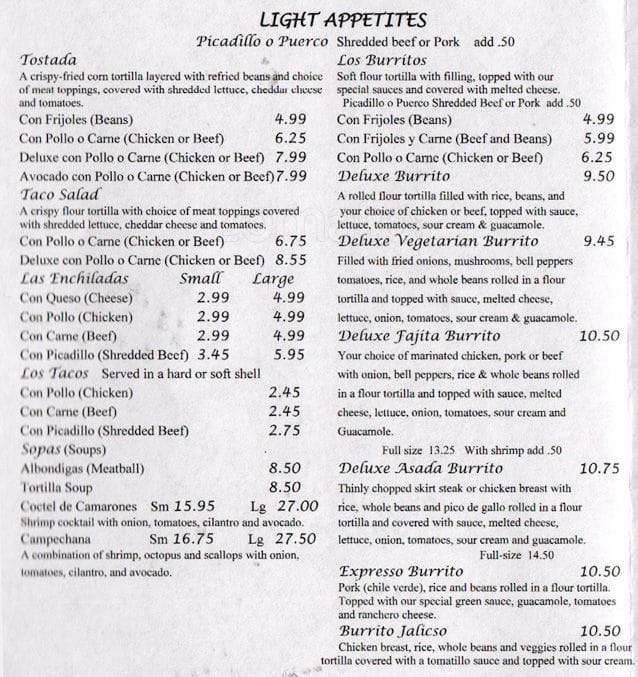 Menu at Los Potrillos restaurant, Everett