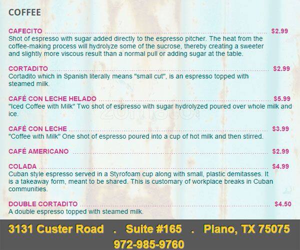 Menu at The Latin Pig Cuban Restaurant, Plano