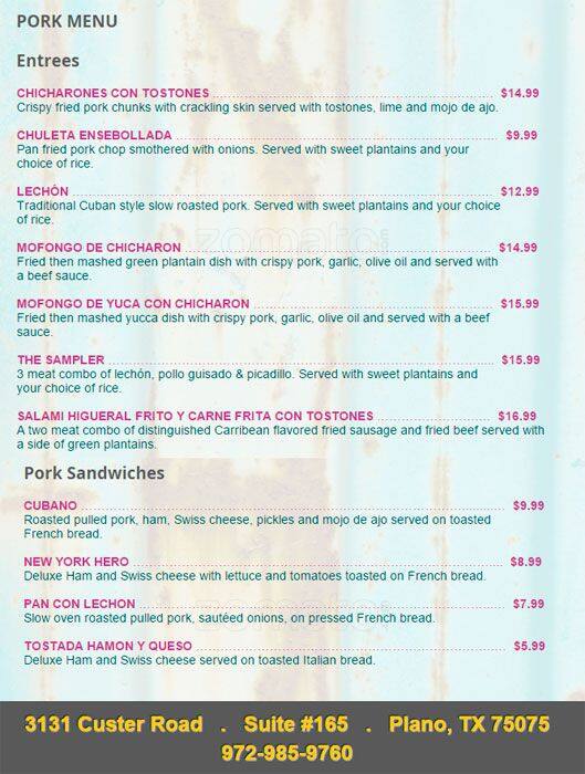 Menu at The Latin Pig Cuban Restaurant, Plano
