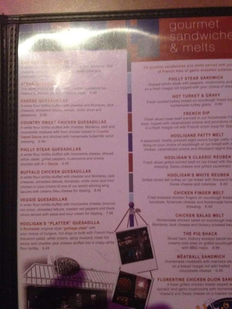 Menu at TC Hooligans restaurant, Rochester, 134 Greece Ridge Center Dr