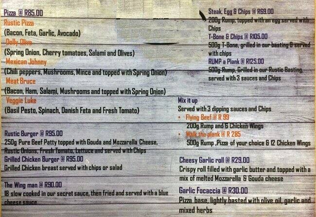 Menu at Rustic Diner pub & bar, Pretoria, Wierda Square