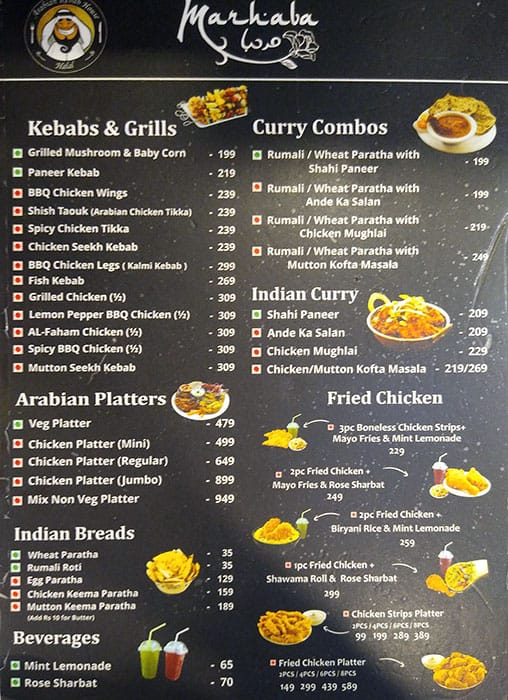 Menu of Marhaba, Bannerghatta Road, Bangalore