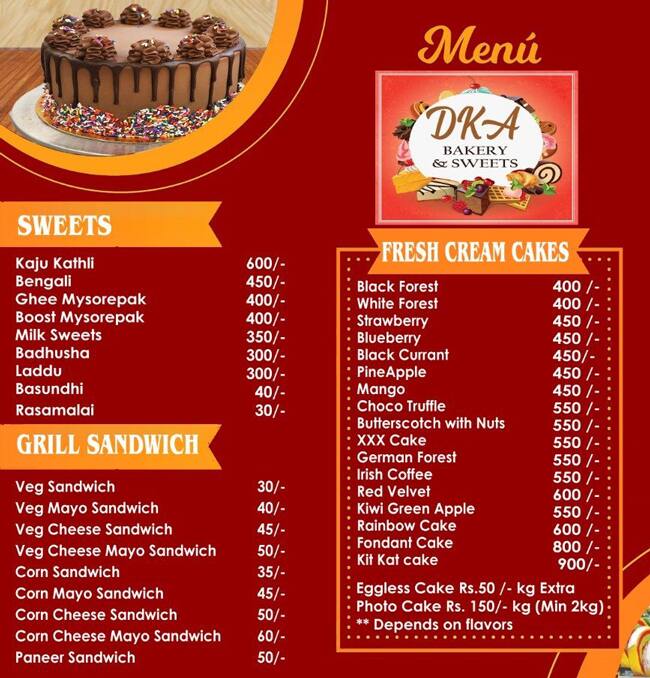 Menu of DKA Bakery, Chromepet, Chennai