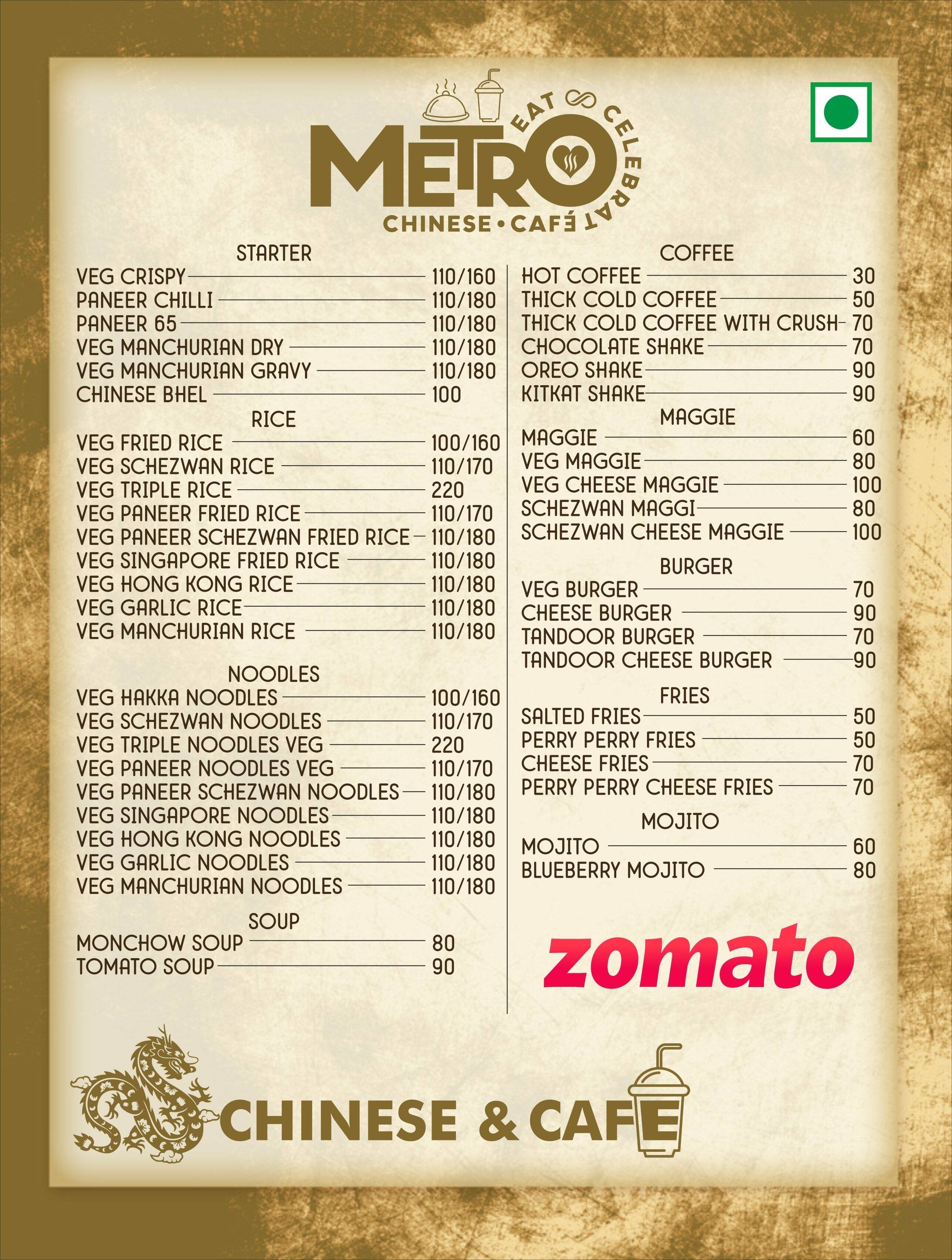 Menu of Metro Cafe & Chinese, Sadashiv Peth, Pune