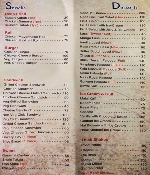 Menu at Cafe Naaz Restaurant, Mumbai, SG Barve Marg