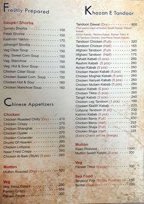 Menu of Naaz Hotel, Kurla, Mumbai