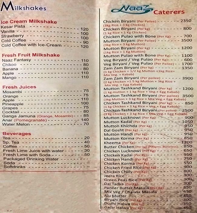 Menu at Cafe Naaz Restaurant, Mumbai, SG Barve Marg