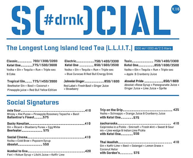 Menu of Colaba Social, Colaba, Mumbai