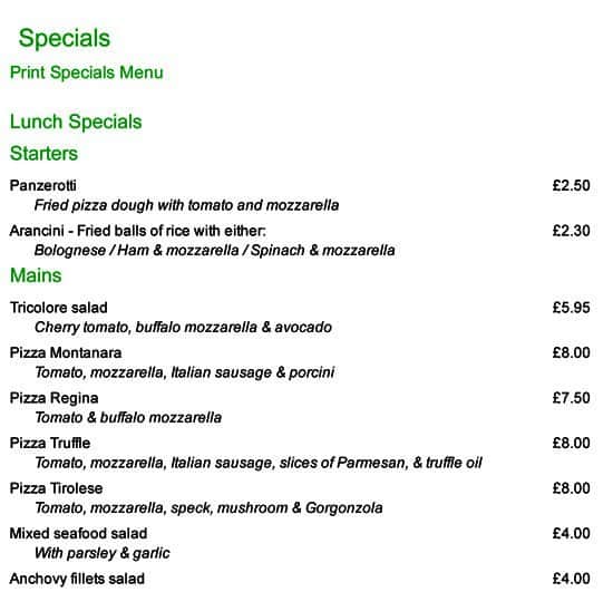 Menu at Gran Sasso Coffee restaurant, London