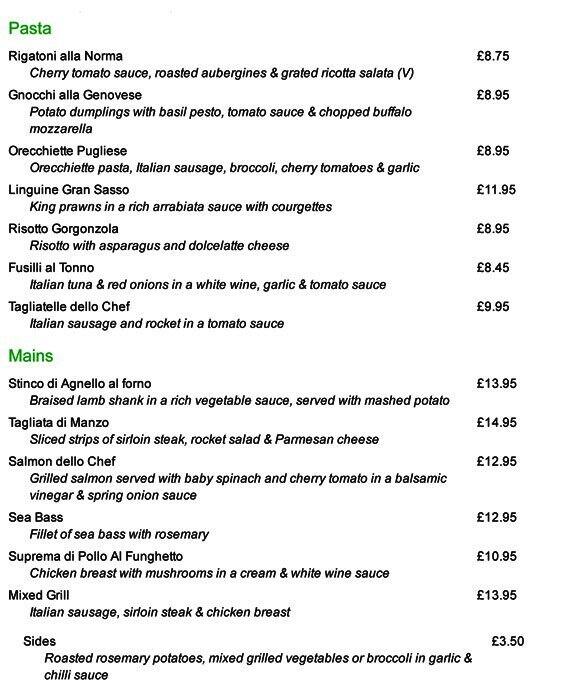Menu at Gran Sasso Coffee restaurant, London