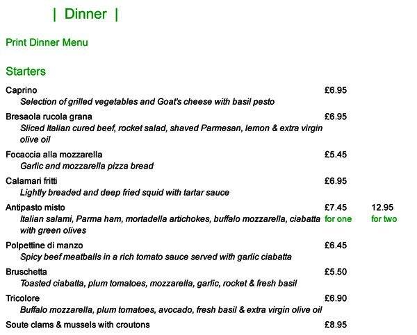 Menu at Gran Sasso Coffee restaurant, London