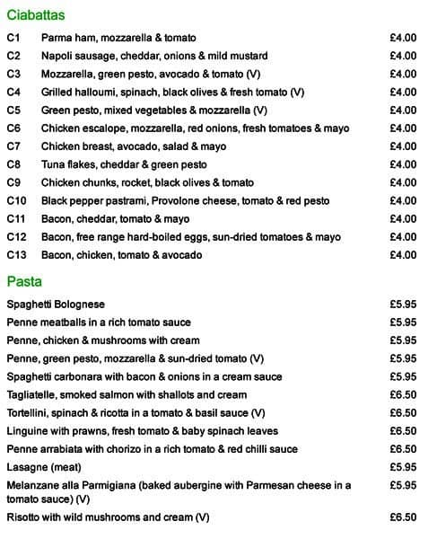 Menu at Gran Sasso Coffee restaurant, London