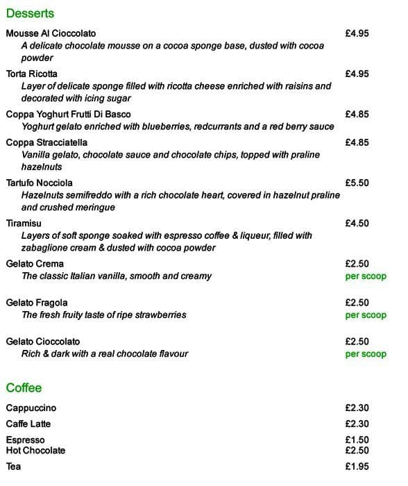 Menu at Gran Sasso Coffee restaurant, London