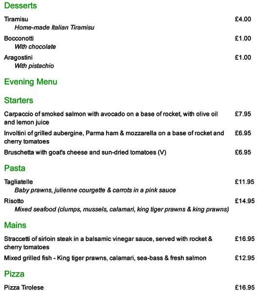 Menu at Gran Sasso Coffee restaurant, London