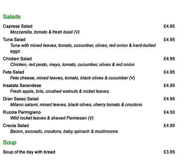 Menu at Gran Sasso Coffee restaurant, London