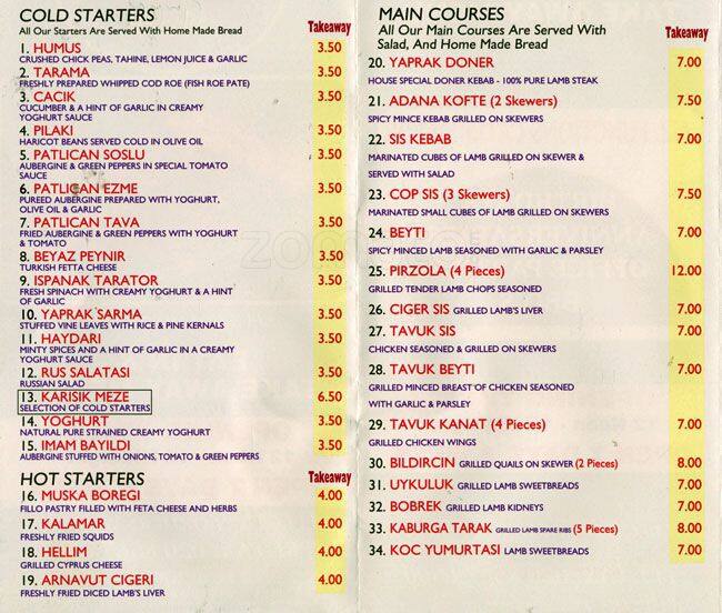 Menu at Ealing Mangal restaurant, London, 193 Uxbridge Rd