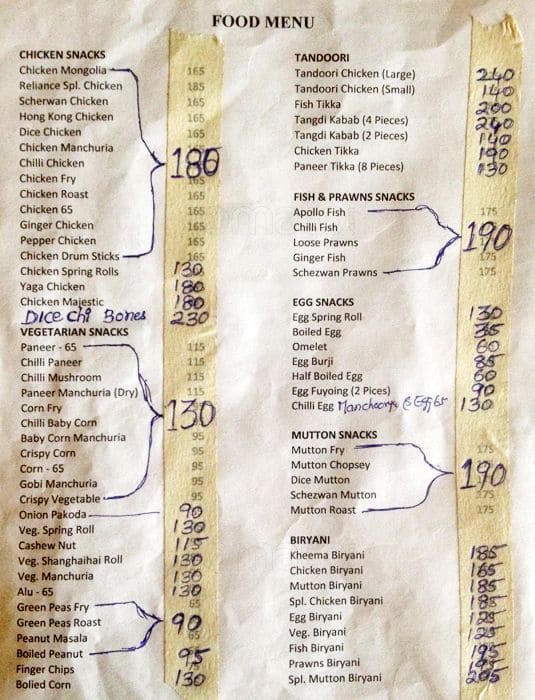Menu at Reliance Restaurant & Bar, Hyderabad, Complex