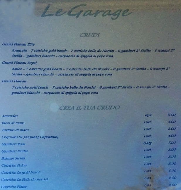 Menu da Le Garage, Roma