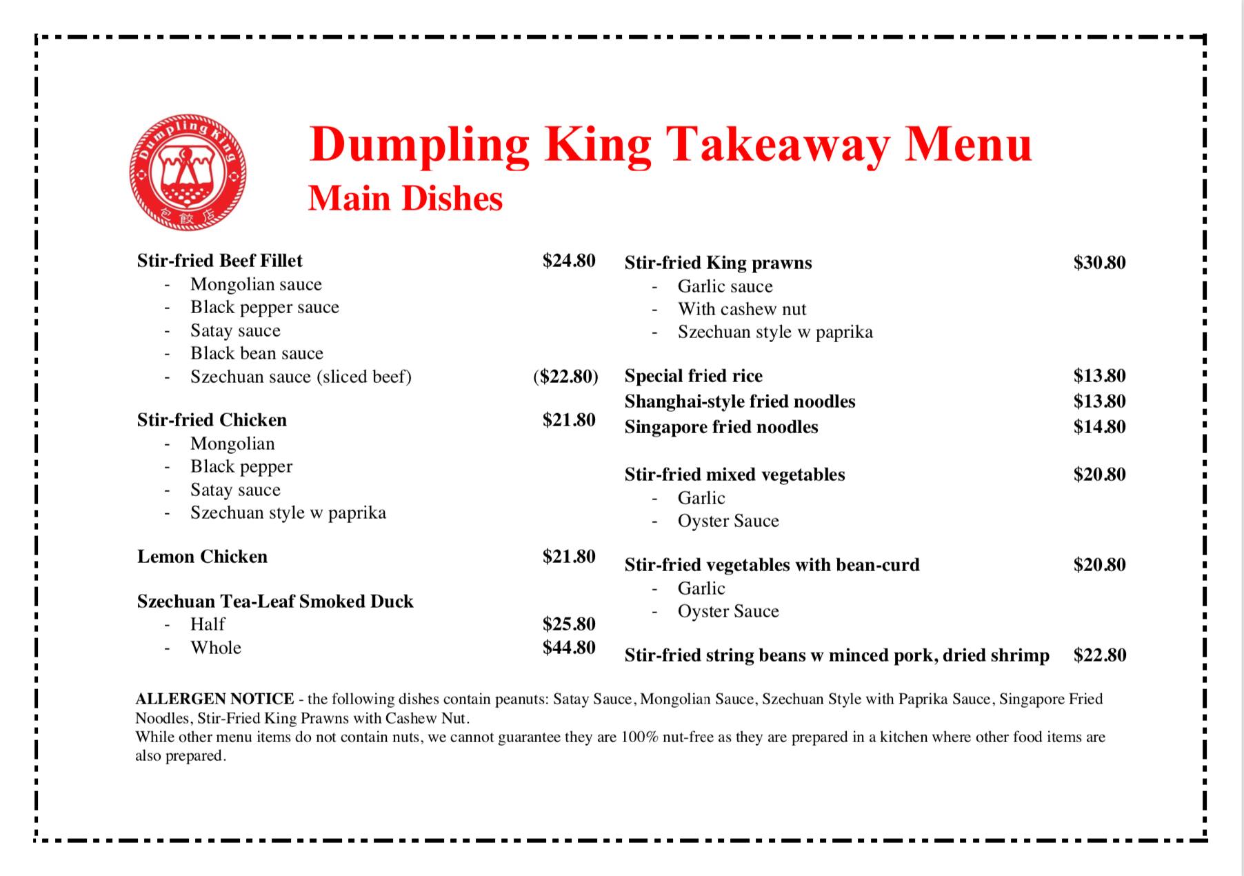 Menu at Dumpling King fast food, Box Hill
