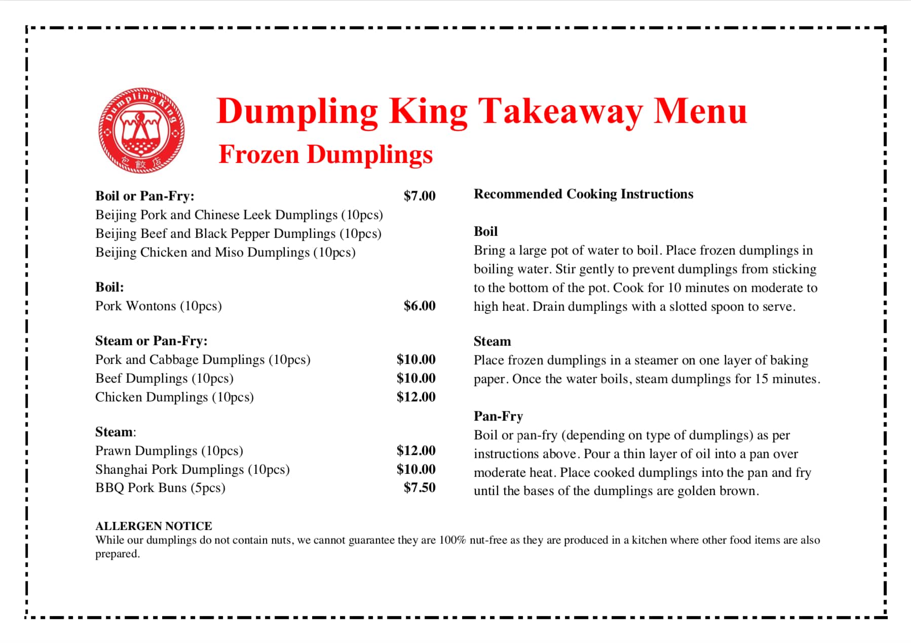 Menu at Dumpling King fast food, Box Hill