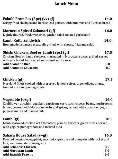 Menu at Sahara Restaurant, Melbourne, 1/301 Swanston St