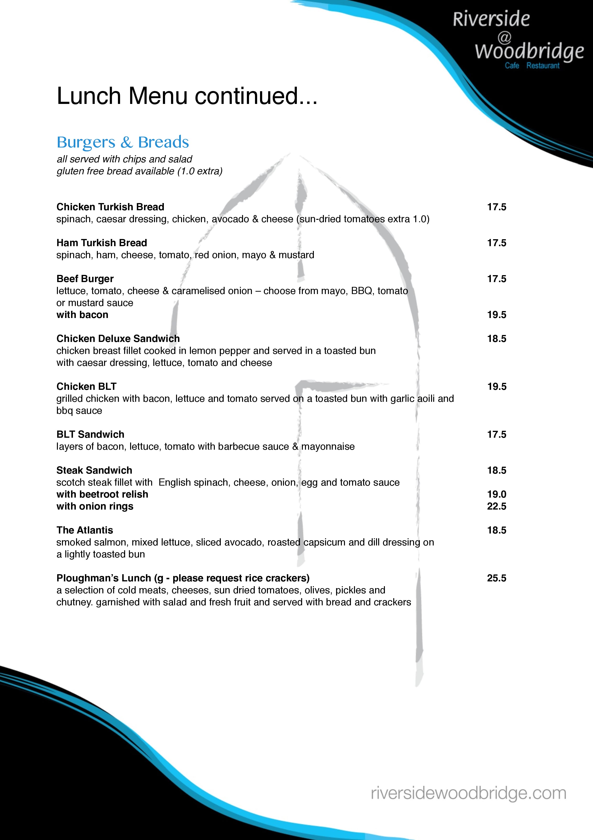 Menu at Riverside at Woodbridge cafe, Woodbridge