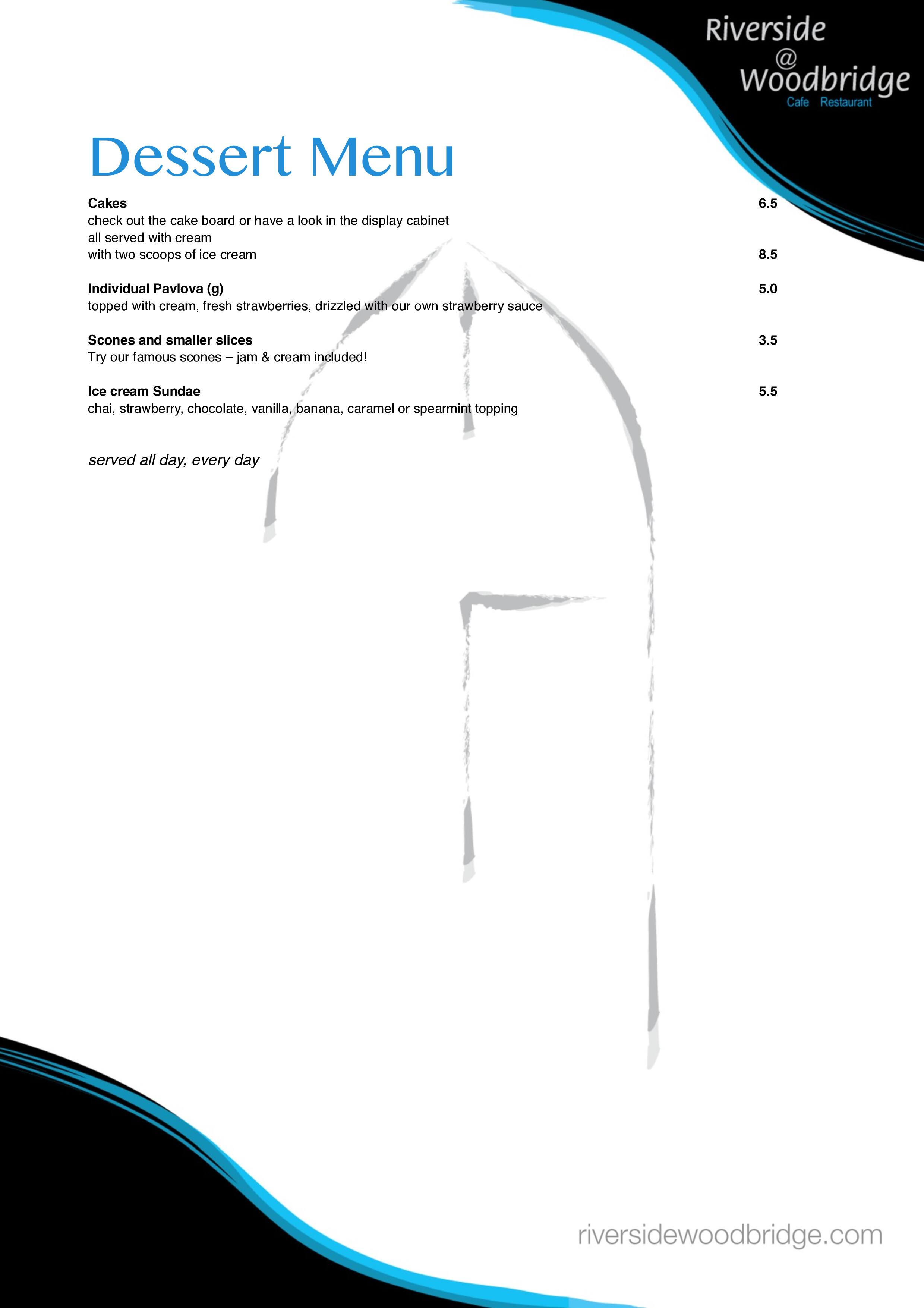 Menu at Riverside at Woodbridge cafe, Woodbridge