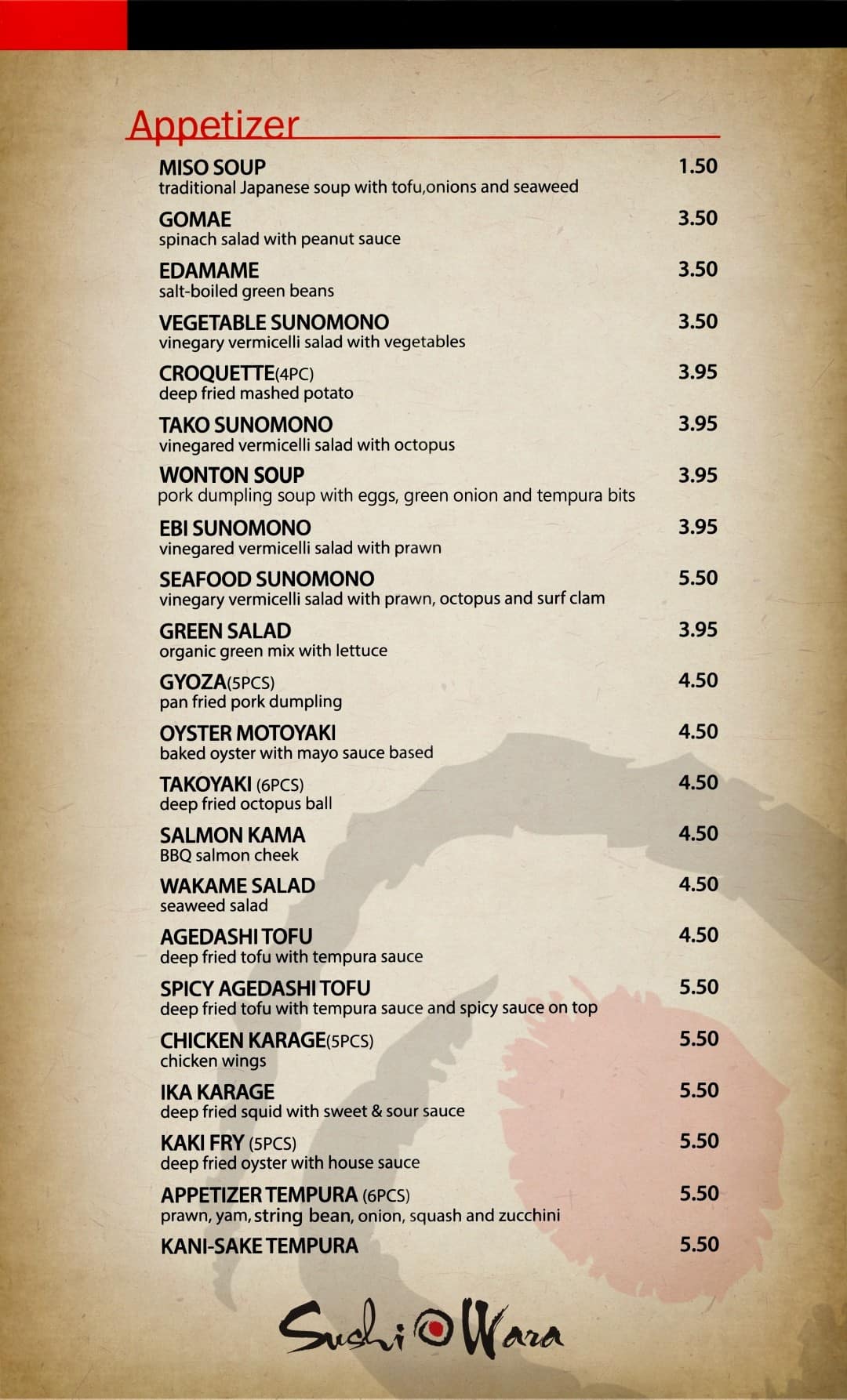 Menu at Sushi Wara restaurant, Comox