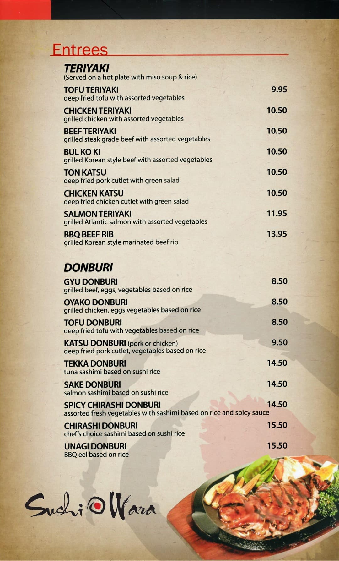 Menu at Sushi Wara restaurant, Comox