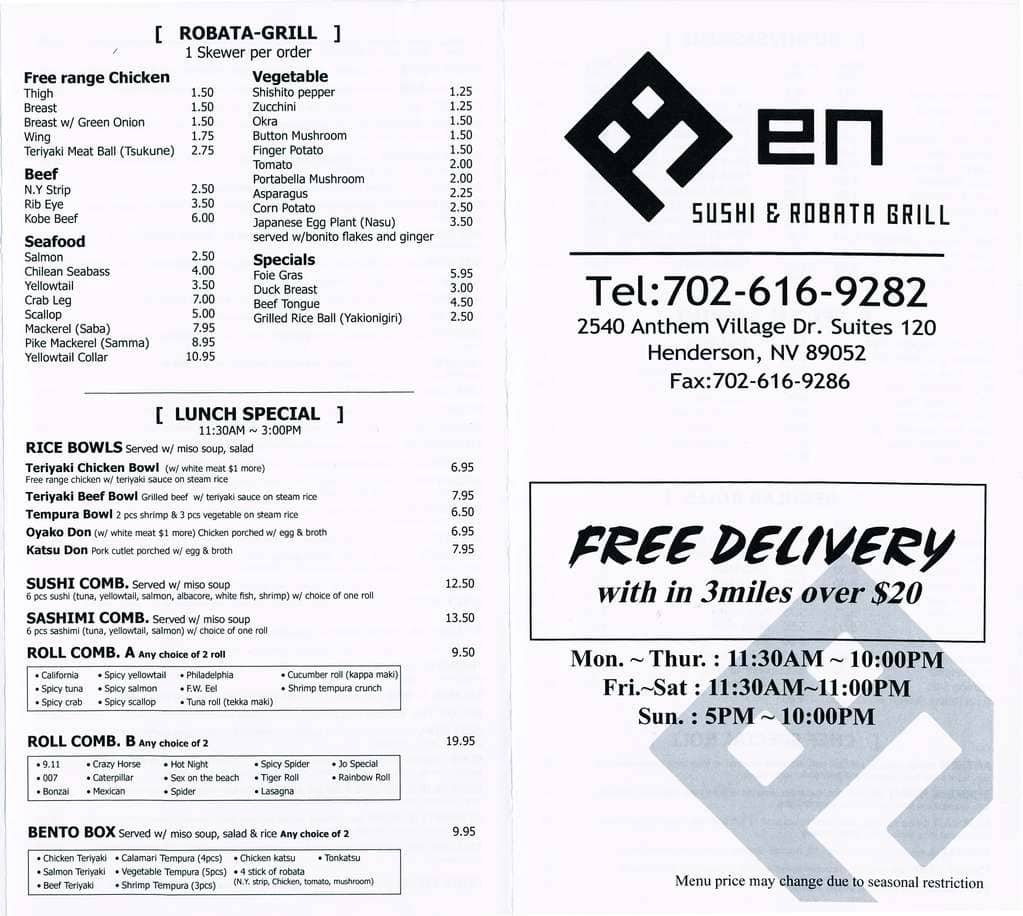 Menu at En Sushi & Robata Grill restaurant, Henderson