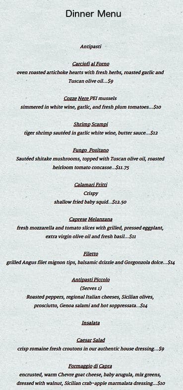 Menu at Porcini restaurant, Philadelphia