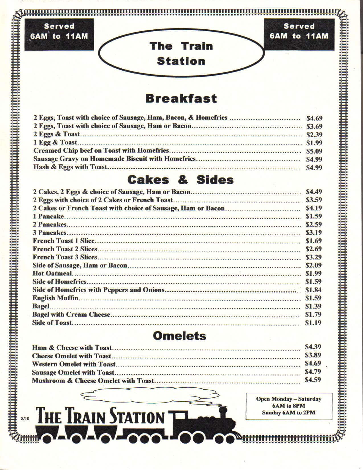 Menu at Train Station restaurant, Warren