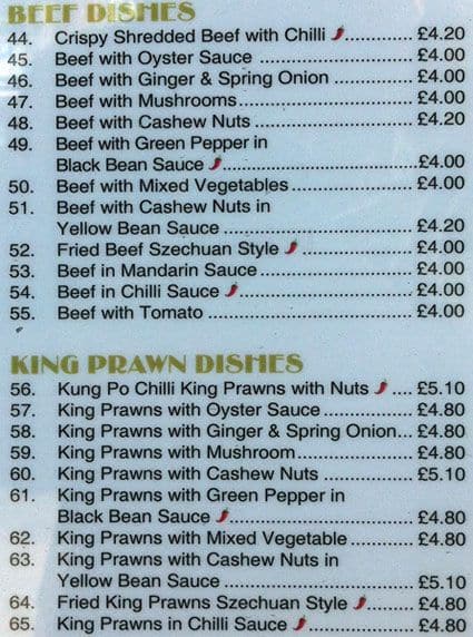 Menu at Hong's restaurant, Beckenham