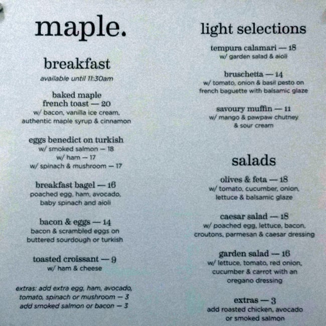 Menu at Maple cafe, Chermside