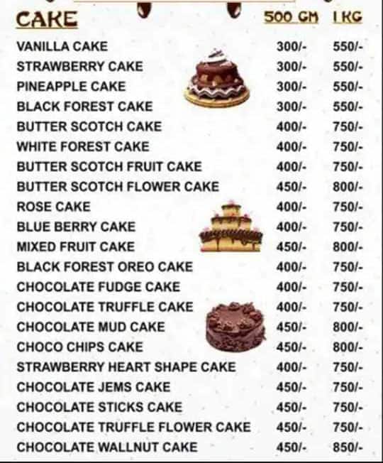 Menu of Cute Bakery, Sarita Vihar, New Delhi