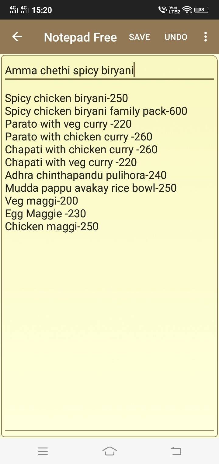 Menu of Amma Chethi Spicy Biryani, Balanagar, Hyderabad