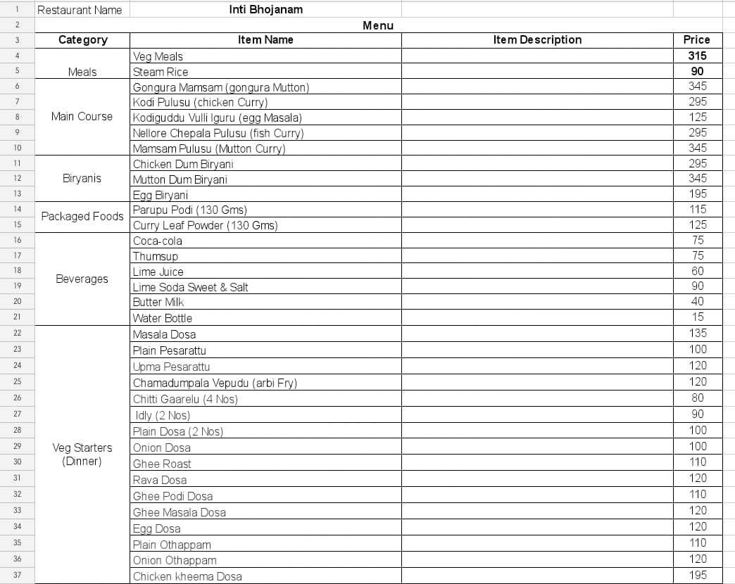 Menu at Inti Bhojanam, Chennai