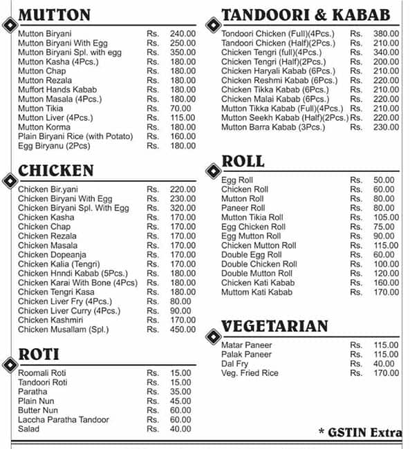 Menu of Manti, Tollygunge, Kolkata
