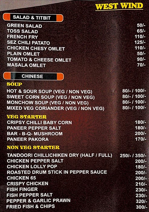 Menu of West Wind, Barrackpore, Kolkata
